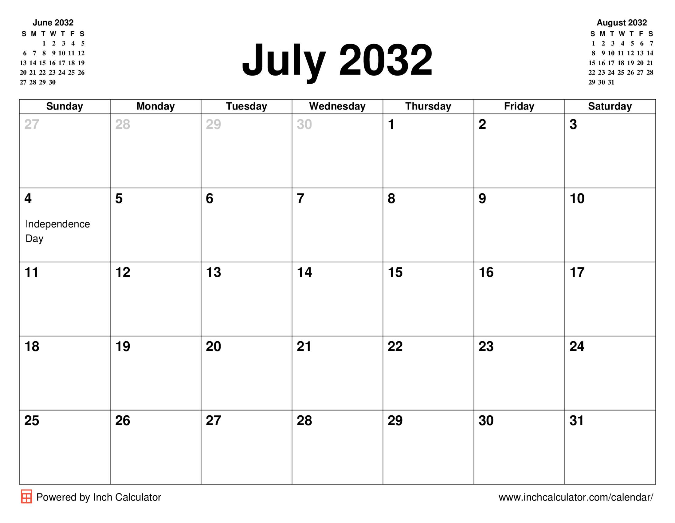 July 2032 Calendar - Inch Calculator