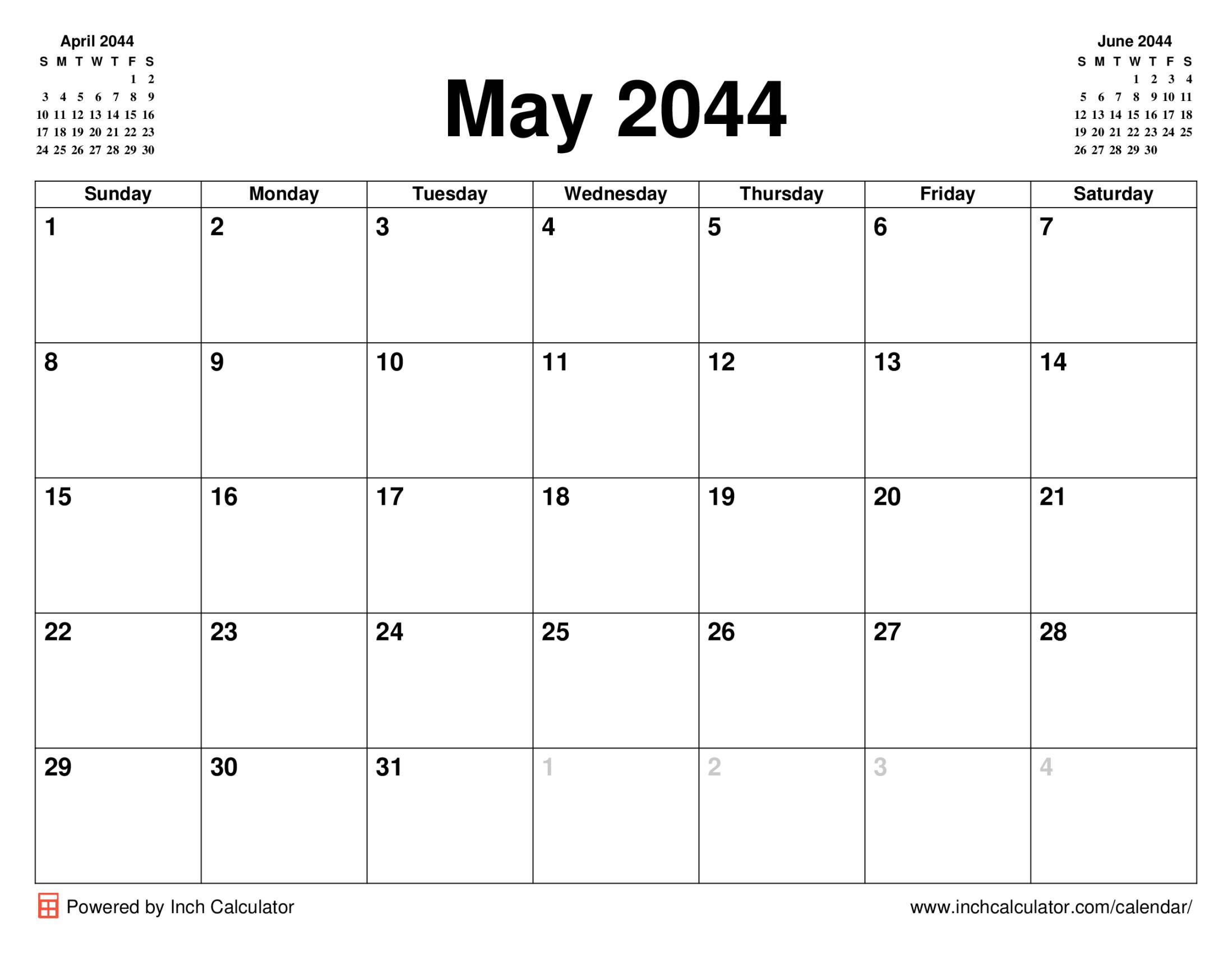 May 2044 Calendar - Inch Calculator