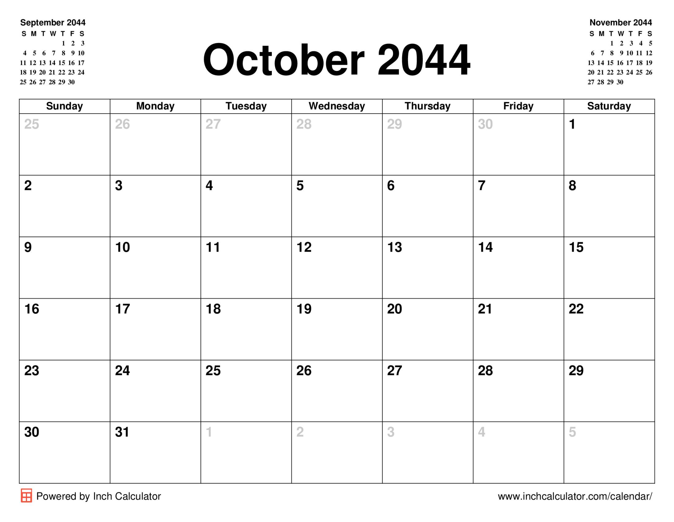 October 2044 Calendar - Inch Calculator