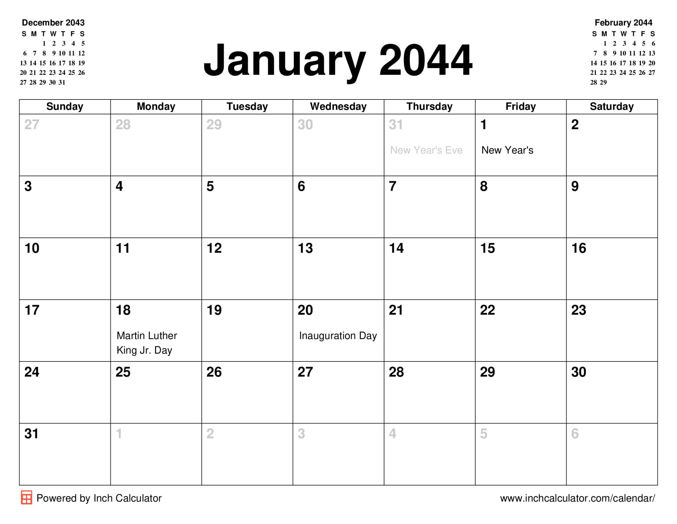 January 2044 Calendar - Inch Calculator