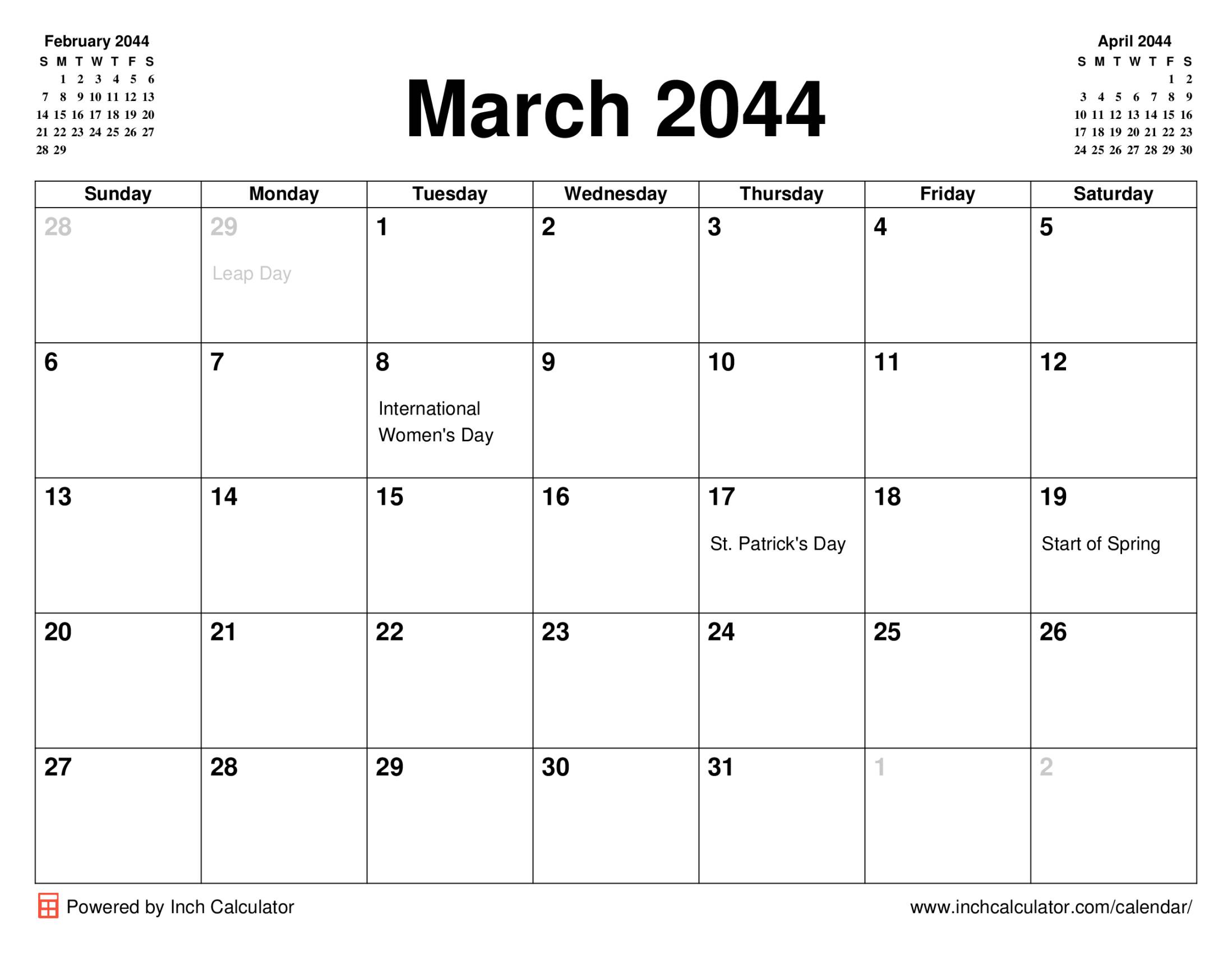 March 2044 Calendar - Inch Calculator