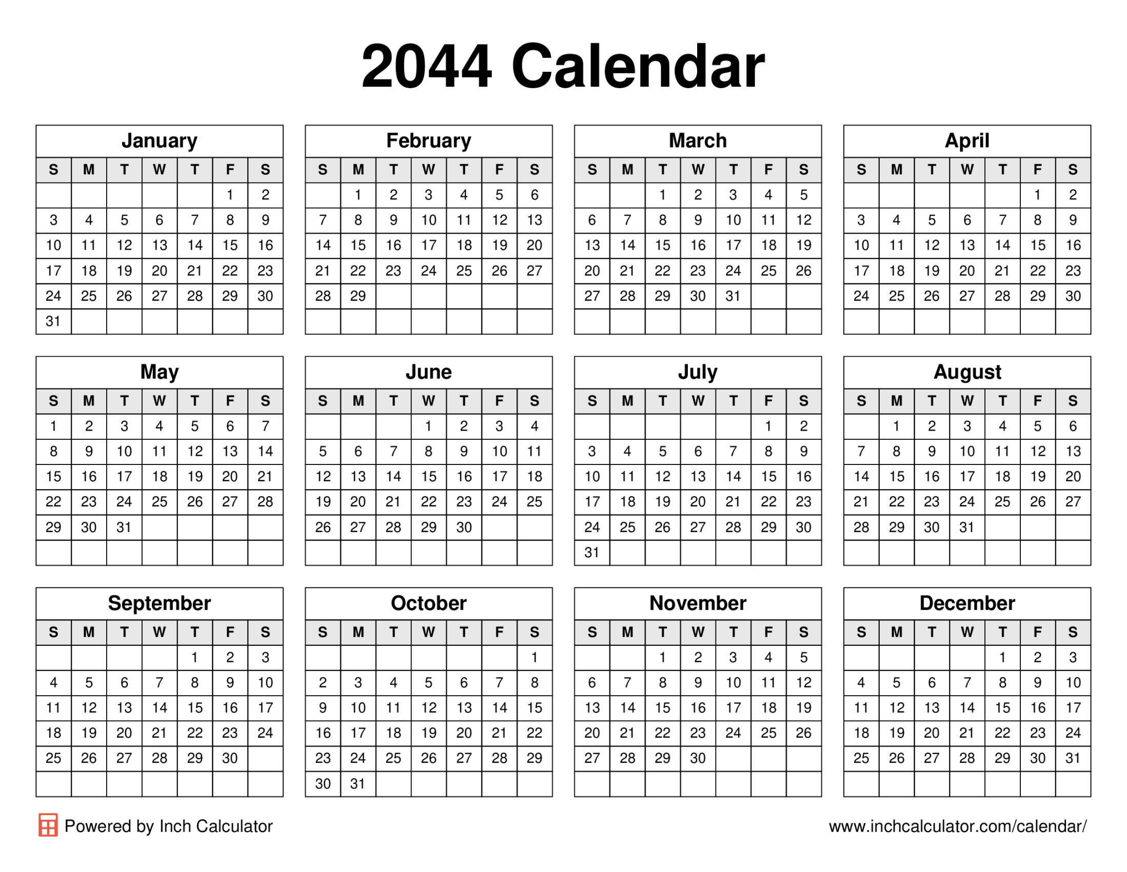 2044 Calendar - Inch Calculator