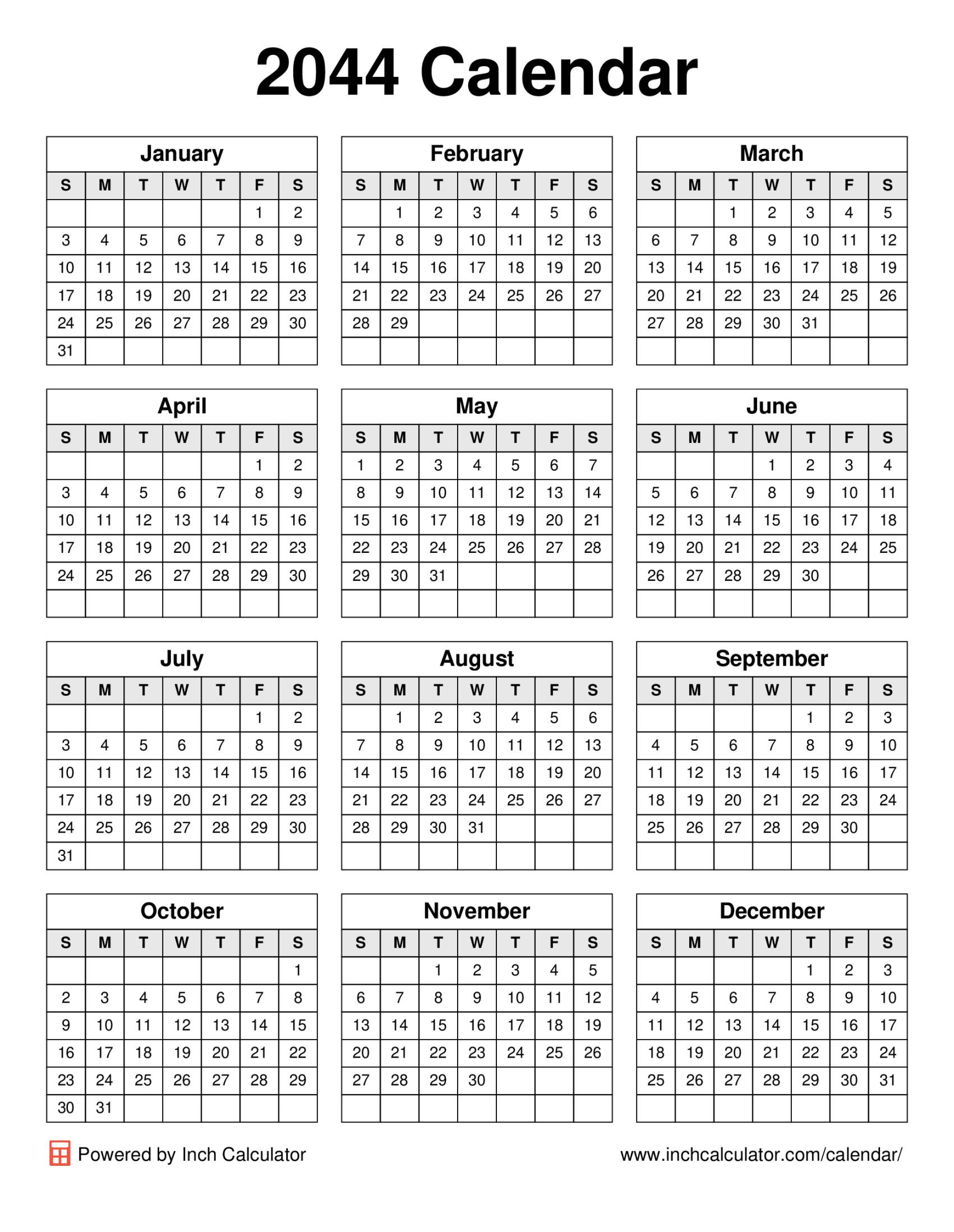 2044 Calendar - Inch Calculator