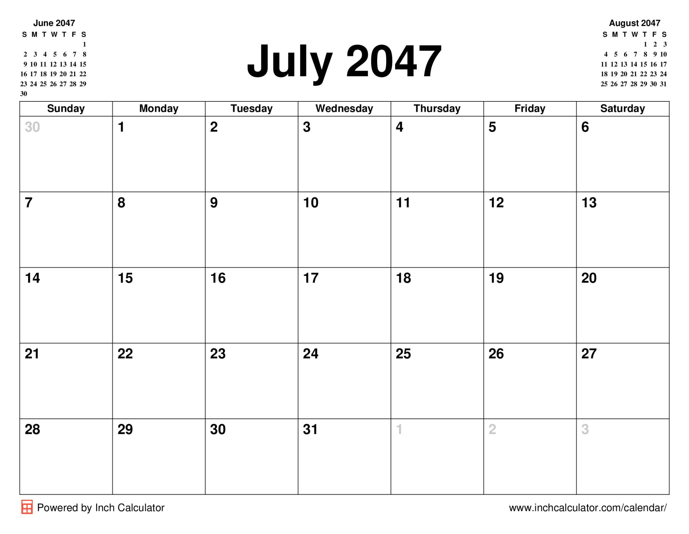 July 2047 Calendar - Inch Calculator