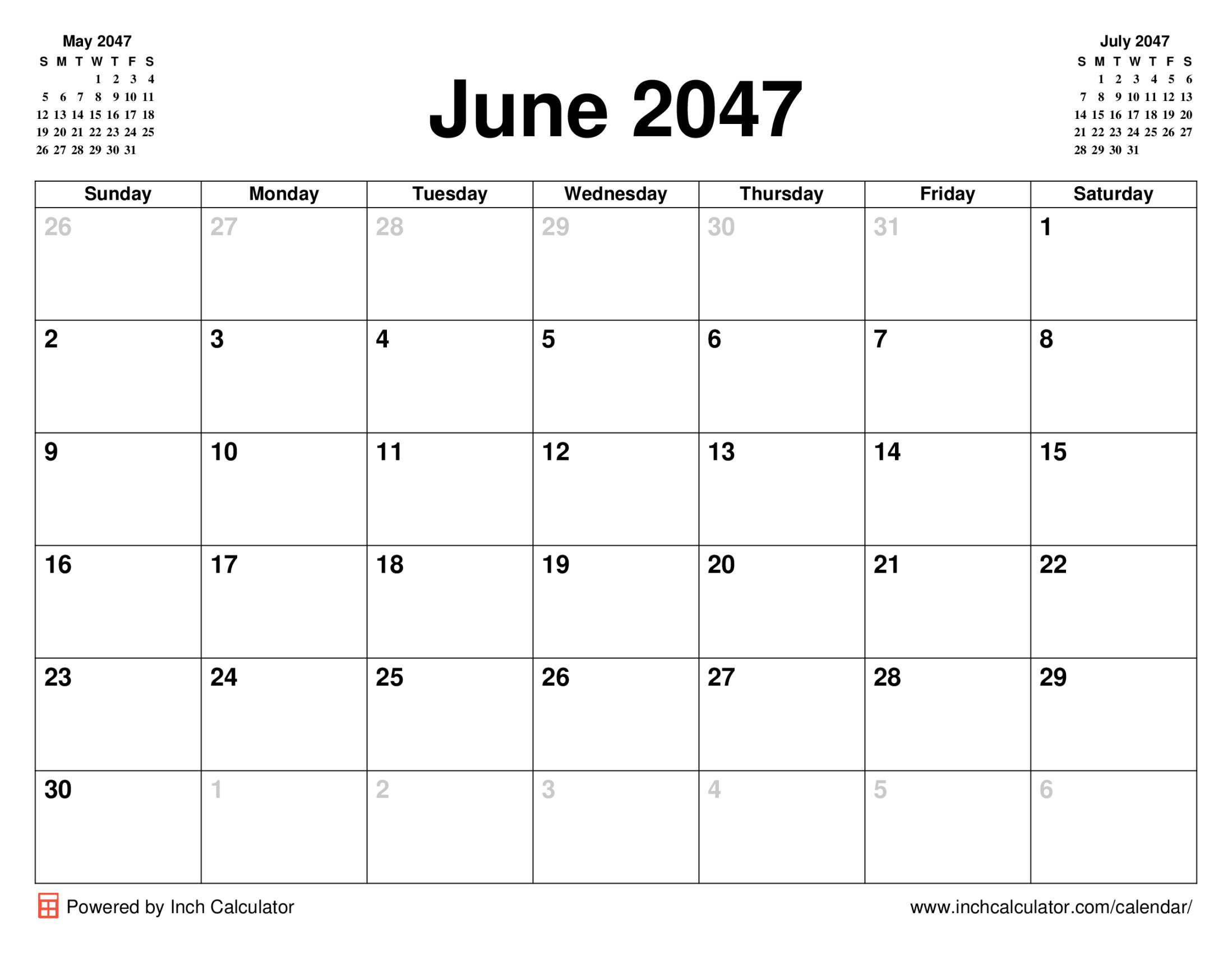 June 2047 Calendar - Inch Calculator