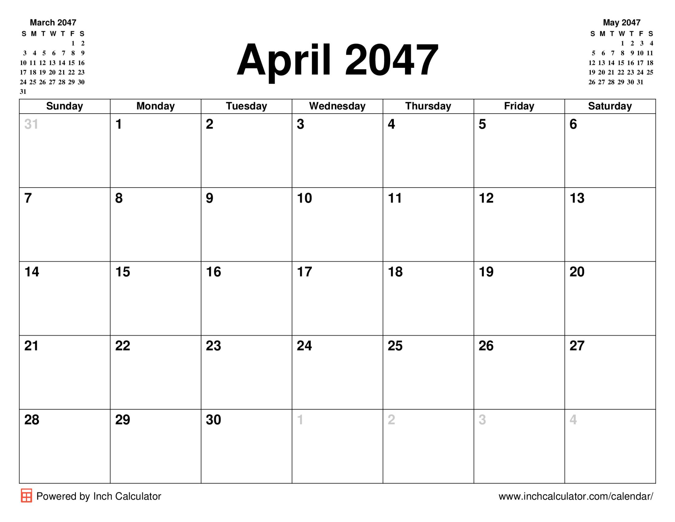 April 2047 Calendar - Inch Calculator
