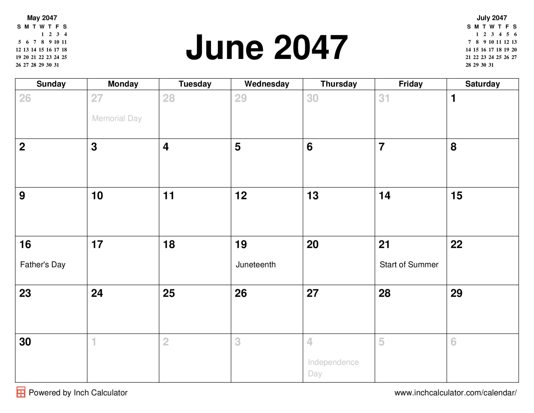 June 2047 Calendar - Inch Calculator