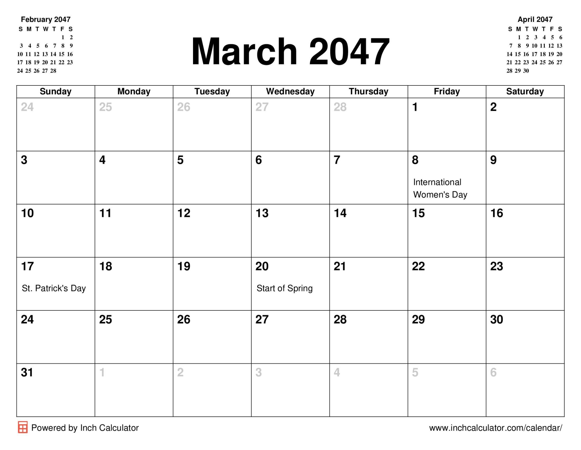 March 2047 Calendar - Inch Calculator