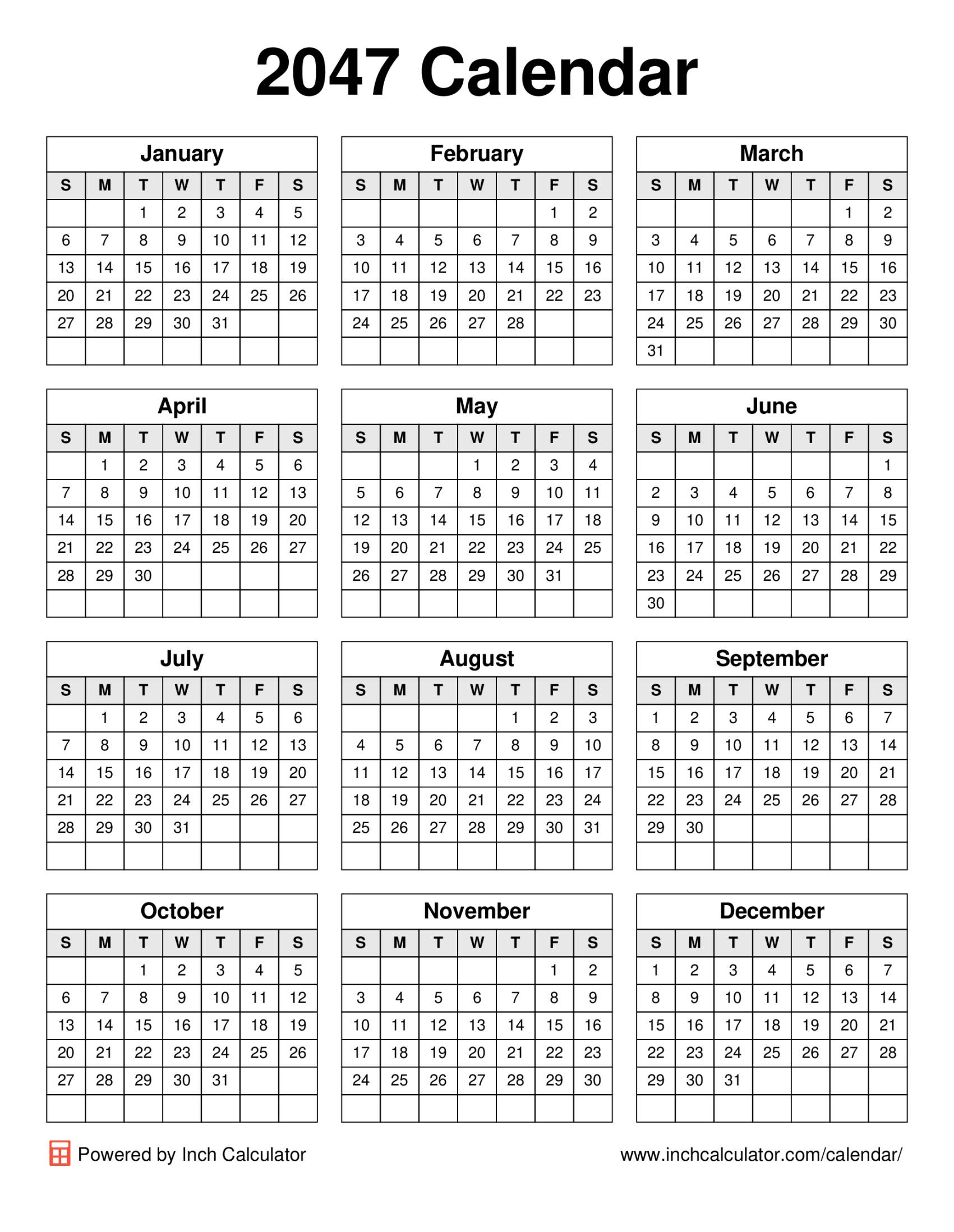 2047 Calendar - Inch Calculator